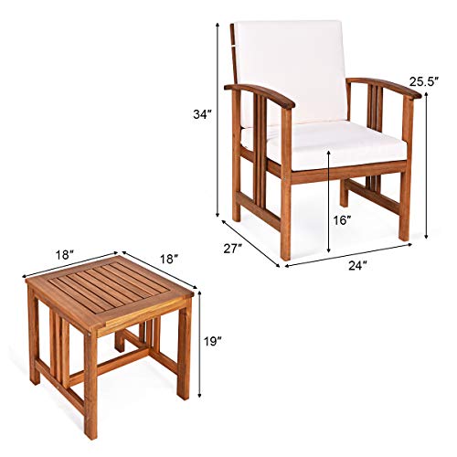 Tangkula 3 Pieces Patio Furniture Set, Includes Set of 2 Outdoor Acacia Wood Cushioned Chairs and Coffee Table, for Garden, Backyard, Poolside, Bistro and Deck, Patio Conversation Chat Set (White)