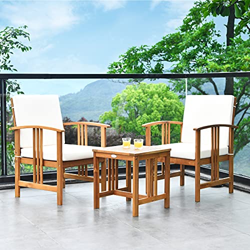 Tangkula 3 Pieces Patio Furniture Set, Includes Set of 2 Outdoor Acacia Wood Cushioned Chairs and Coffee Table, for Garden, Backyard, Poolside, Bistro and Deck, Patio Conversation Chat Set (White)