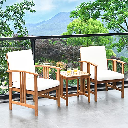 Tangkula 3 Pieces Patio Furniture Set, Includes Set of 2 Outdoor Acacia Wood Cushioned Chairs and Coffee Table, for Garden, Backyard, Poolside, Bistro and Deck, Patio Conversation Chat Set (White)