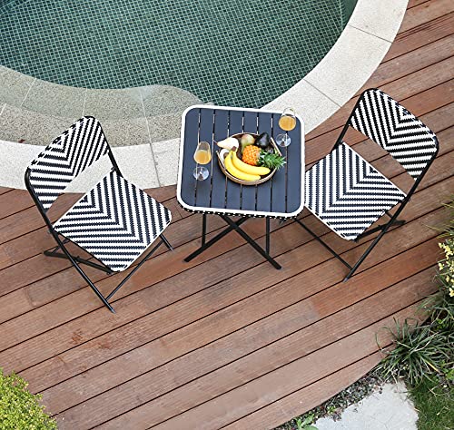 WAMPAT 3 Pcs Patio Bistro Set Plus Size Wicker Folding Furniture Set, 2 Wicker Folding Chairs, Iron Slatted Tabletop Table for Small Space Lawn, Pool, Balcony & Garden J0004D-1