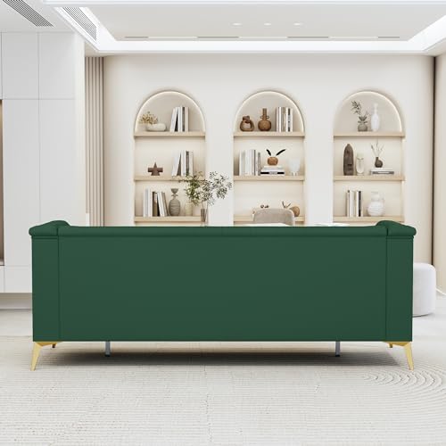 ERYE Mid-Century Modern PU Leather Button Upholstered Chesterfield 3 Seaters Sofa Couch, Golden Legs, Flared Padded Armrest,Removable Cushions Cover for Living Room,Bedroom,Office,Apartment