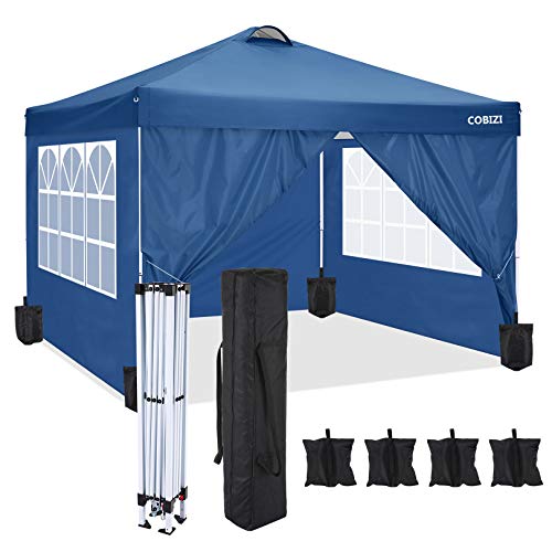 COBIZI 10'x10' Pop Up Canopy Tent Straight Leg Commercial Instant Canopy Pop Up Canopy with Sidewalls Outdoor Sun Shade Event Tent for Camping Garden Party Beach, Canopy Bags x1, Blue
