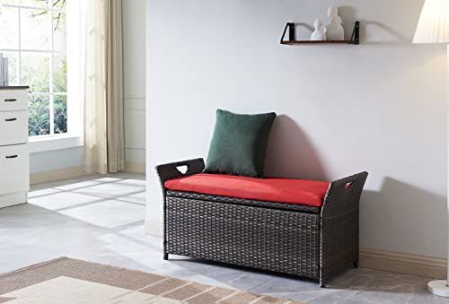 TMEE Patio Storage Bench,Outdoor Wicker Deck Box,PE Rattan Patio Furniture with All-Weather Cushion