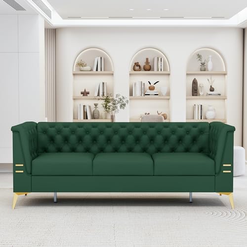 ERYE Mid-Century Modern PU Leather Button Upholstered Chesterfield 3 Seaters Sofa Couch, Golden Legs, Flared Padded Armrest,Removable Cushions Cover for Living Room,Bedroom,Office,Apartment