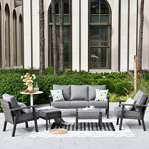 ovios Patio Furniture Set 5 PCS All Weather Outdoor Wicker Rattan Sofa Set with Ottomans High Back Sofa Thick Cushion Garden Backyard Porch (Dark Grey)