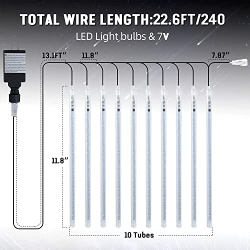 Rivokeer 240 LED Meteor Shower Rain Lights 10 Tube 12INCH/30CM Icicle Falling Rain Drop Christmas Light, Waterproof Cascading Lights for Holiday Party Wedding Christmas Tree Decoration, White