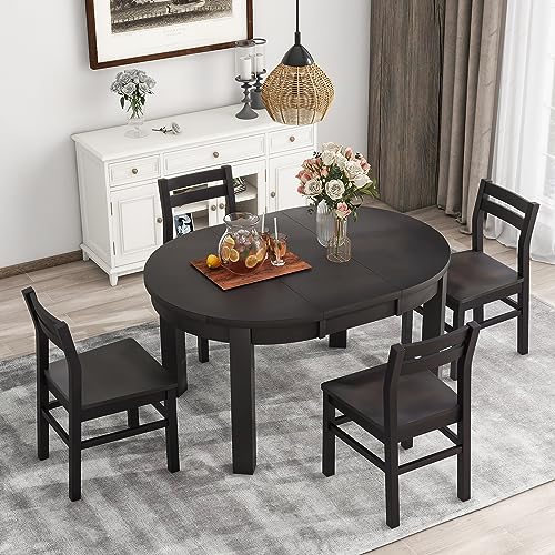 MengK Farmhouse 5-Piece Extendable Round Dining Table Set with Storage Drawers and 4 Dining Chairs,16" Removable Leaf, Espresso