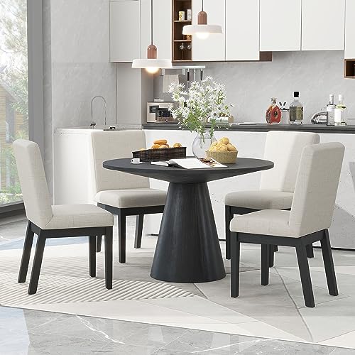 FIQHOME Round Set 5 Piece Retro Style, Wood 4,Kitchen Table and 4 Upholstered Chairs for Living, Dining Room,Black