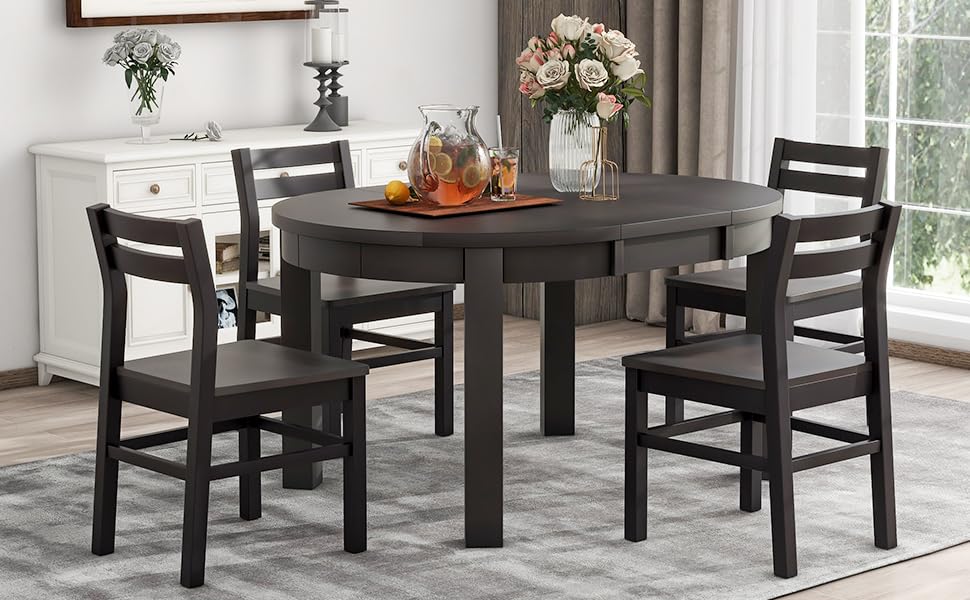 MengK Farmhouse 5-Piece Extendable Round Dining Table Set with Storage Drawers and 4 Dining Chairs,16" Removable Leaf, Espresso