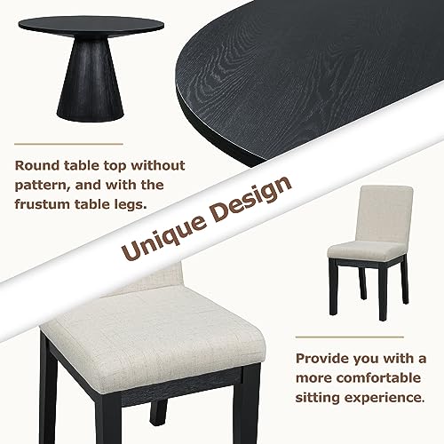 FIQHOME Round Set 5 Piece Retro Style, Wood 4,Kitchen Table and 4 Upholstered Chairs for Living, Dining Room,Black