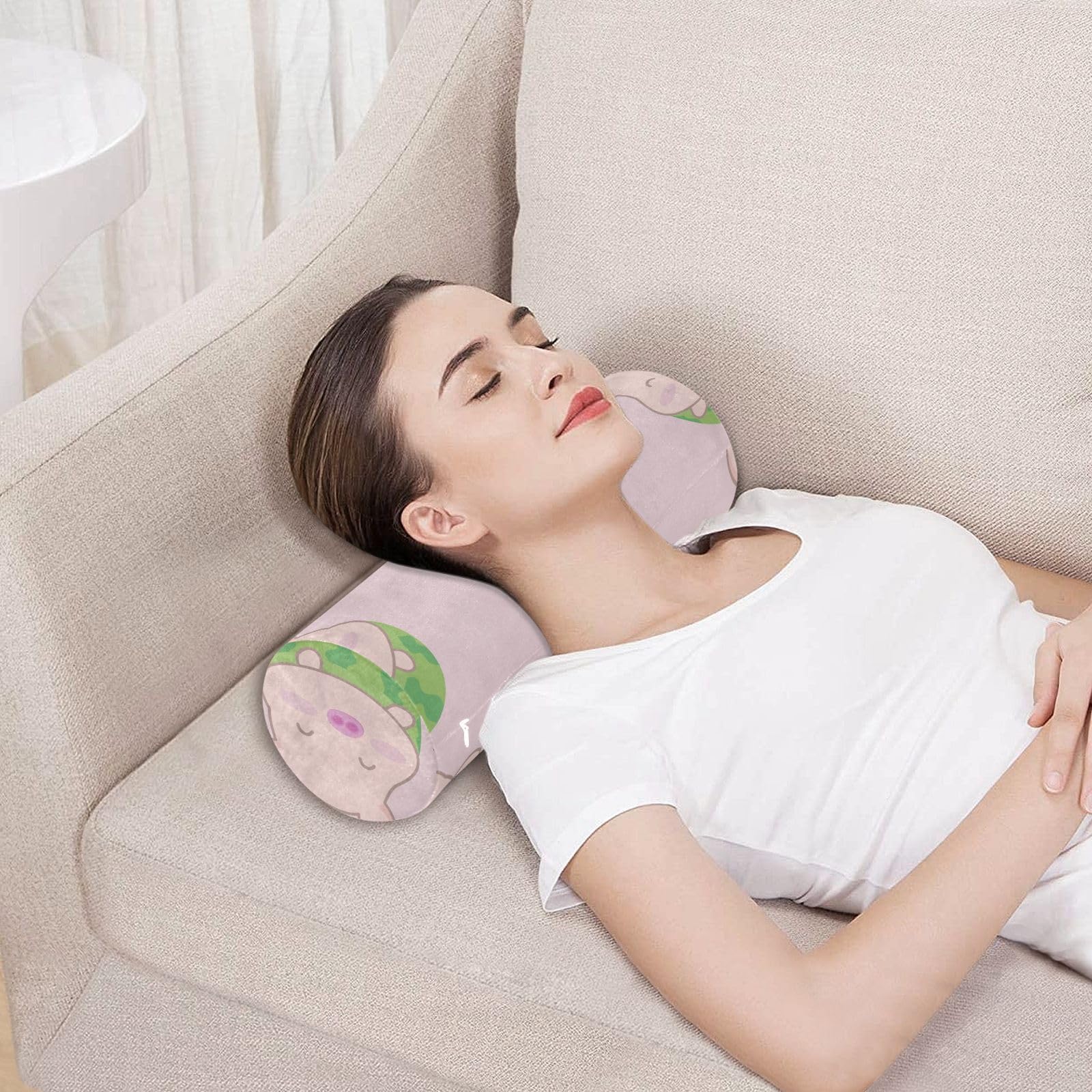 Sleeping Pig Neck Roll Pillow for Neck Relief with Removable Washable Cover - Memory Foam Round Cylinder Bolster, Ergonomically Designed for Head, Neck, Back, and Legs