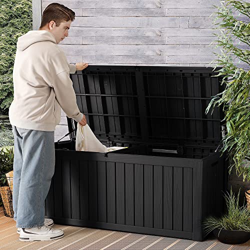 JUMMICO 150 Gallon Resin Deck Box Larage Outdoor Storage Box Waterproof UV Resistant Lockable Storage Container for Patio Furniture, Toys, Cushions, Garden Tools (Black)