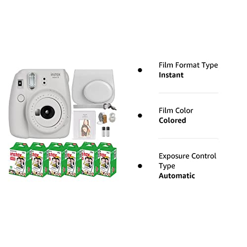 FujiFilm Instax Mini 9 Instant Camera + Fujifilm Instax Mini Film (60 Sheets) Bundle with Deals Number One Accessories Including Carrying Case, Selfie Lens, Photo Album (Smokey White)