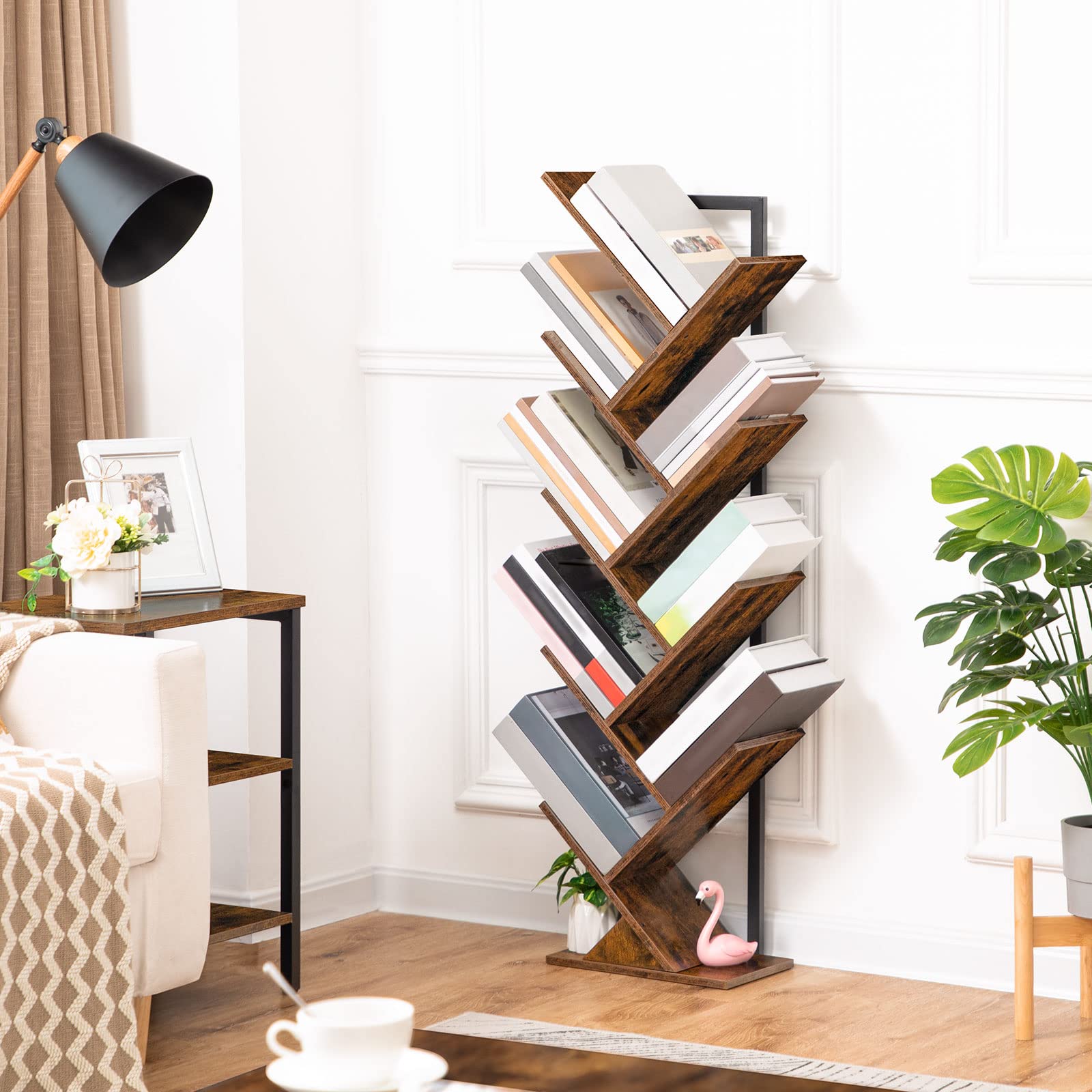 LESHP Tree 8 Shelf Retro Floor Standing Bookcase, Wood Storage Rack for CDs/Movies/Books, Utility Organizer for Bedroom, Living Room, Home Office, Rustic Brown