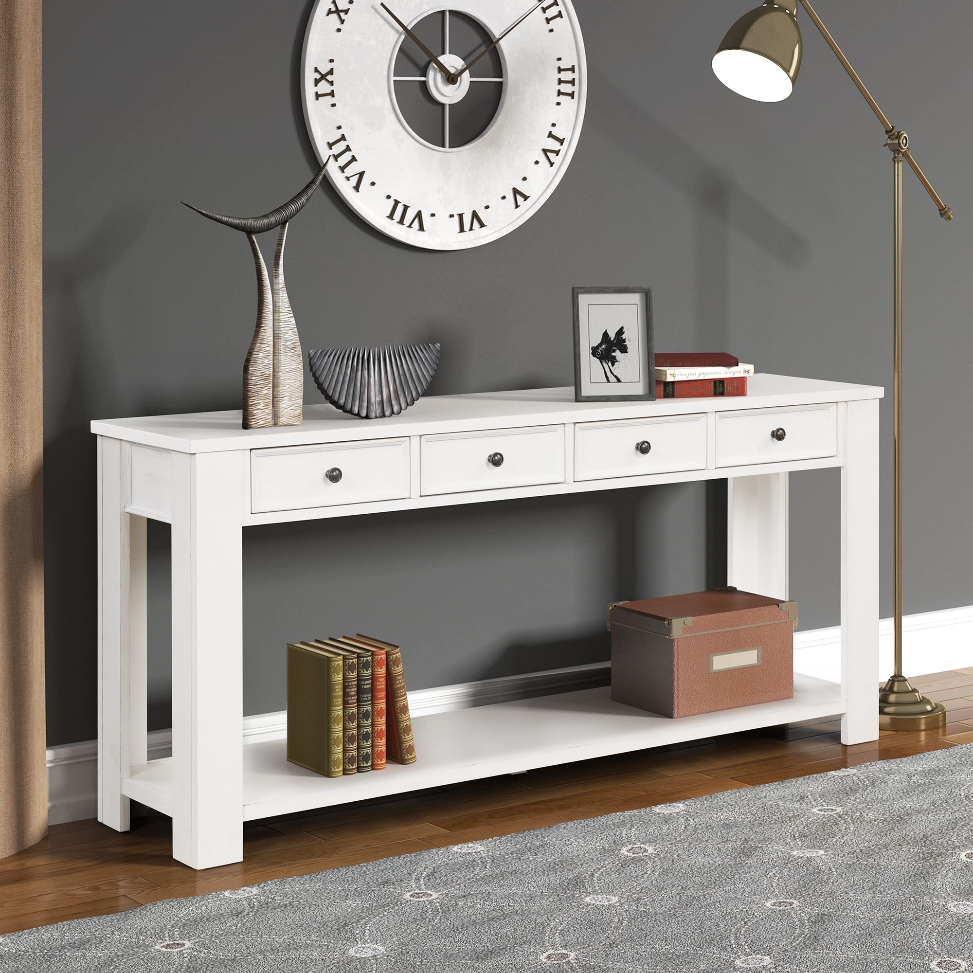 KLIECH 63" Pine Wood Console, Sofa 4 Drawers and 1 Bottom Shelf,Narrow Long Table for Living Room Entryway Hallway Bedroom,Antique White
