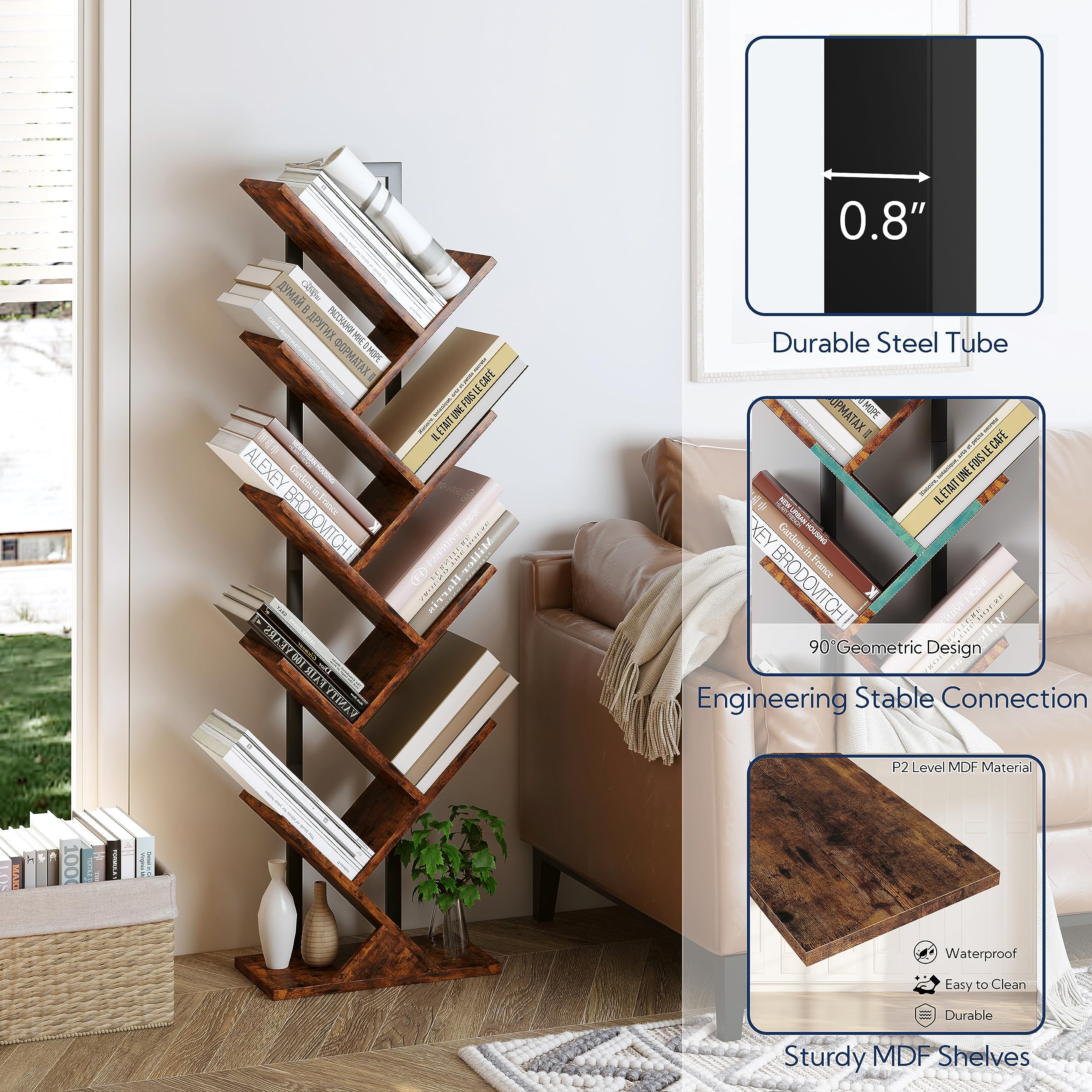 LESHP Tree 8 Shelf Retro Floor Standing Bookcase, Wood Storage Rack for CDs/Movies/Books, Utility Organizer for Bedroom, Living Room, Home Office, Rustic Brown