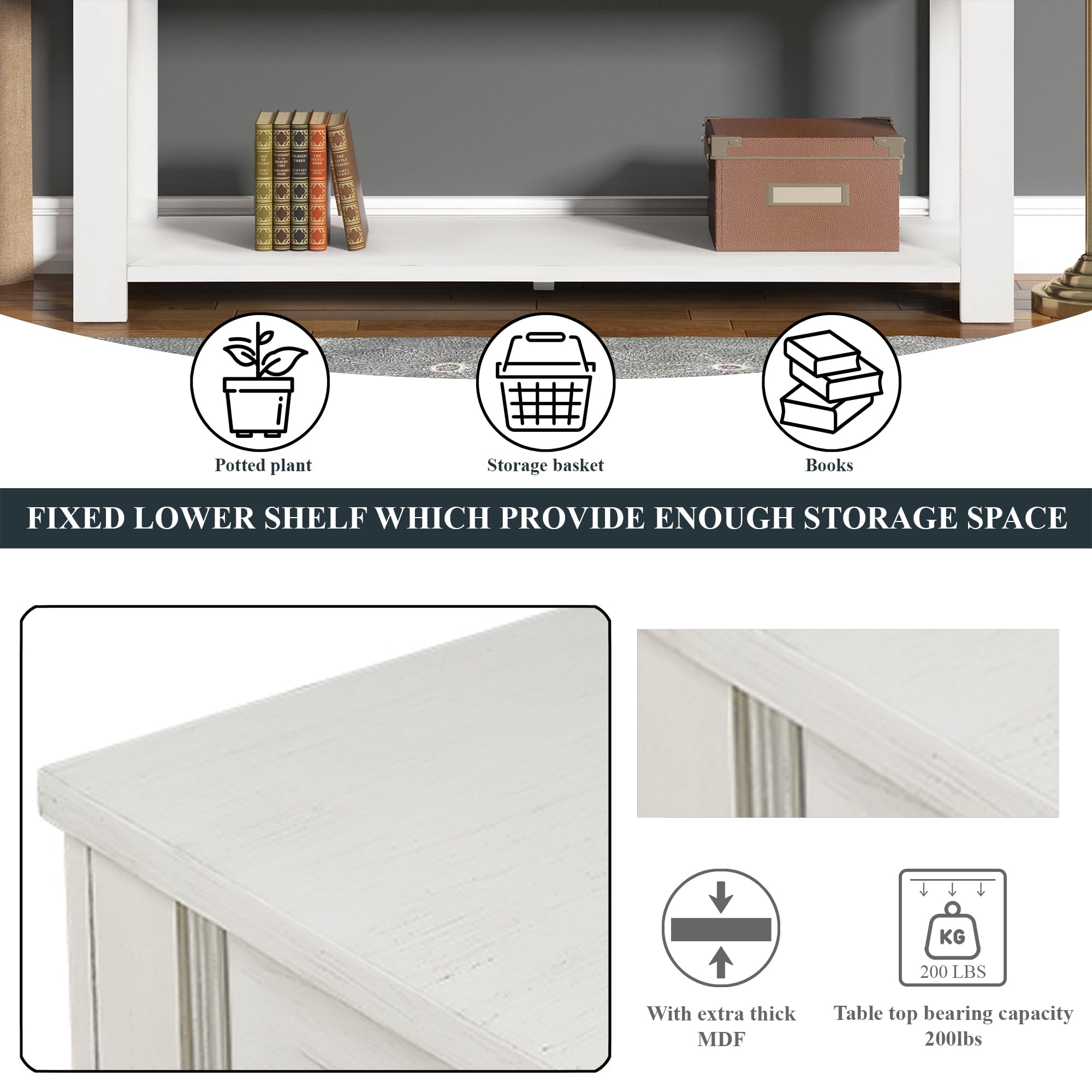KLIECH 63" Pine Wood Console, Sofa 4 Drawers and 1 Bottom Shelf,Narrow Long Table for Living Room Entryway Hallway Bedroom,Antique White