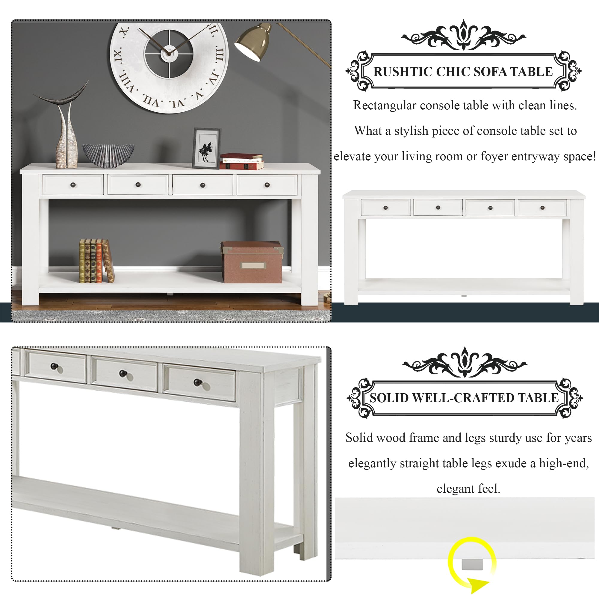 KLIECH 63" Pine Wood Console, Sofa 4 Drawers and 1 Bottom Shelf,Narrow Long Table for Living Room Entryway Hallway Bedroom,Antique White