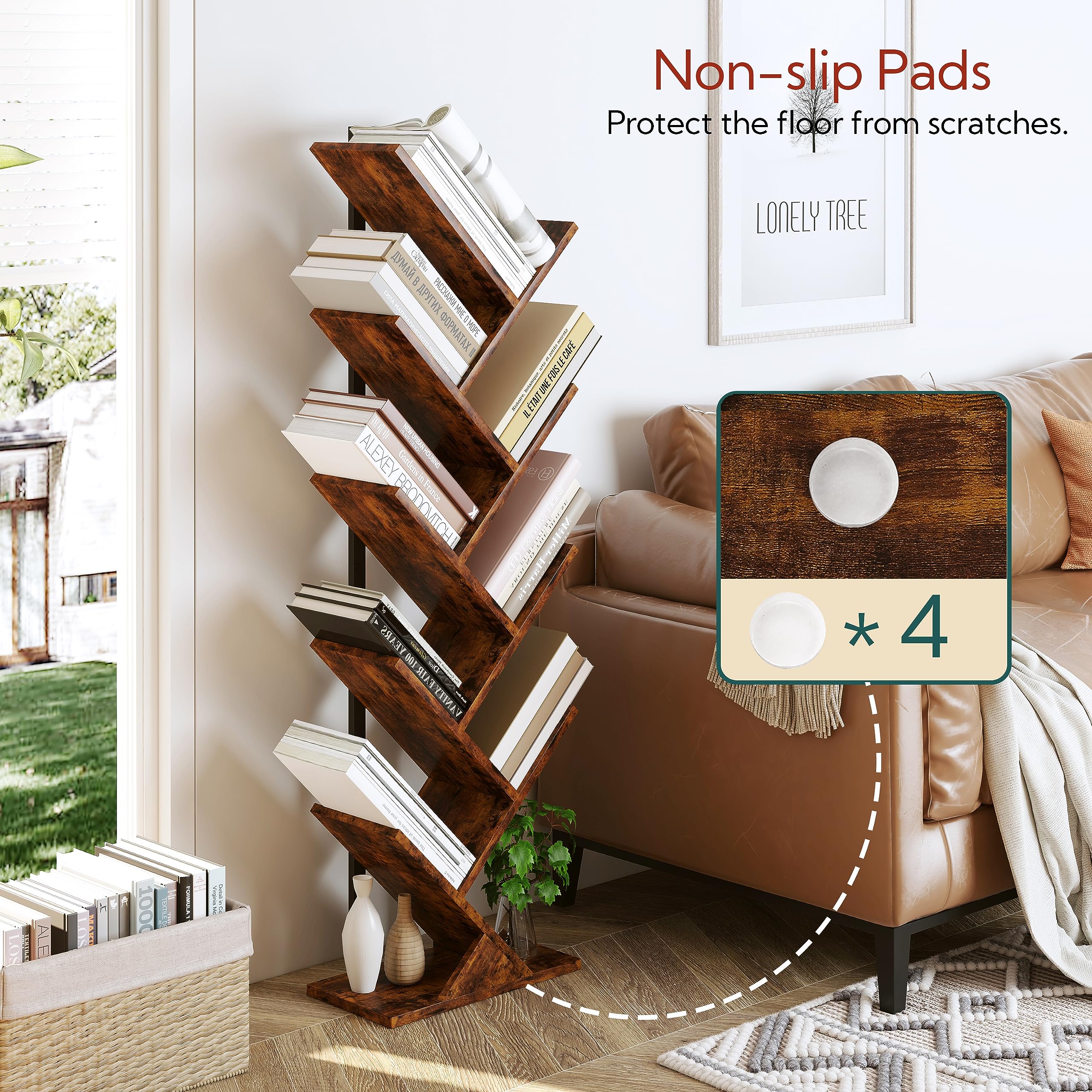 LESHP Tree 8 Shelf Retro Floor Standing Bookcase, Wood Storage Rack for CDs/Movies/Books, Utility Organizer for Bedroom, Living Room, Home Office, Rustic Brown