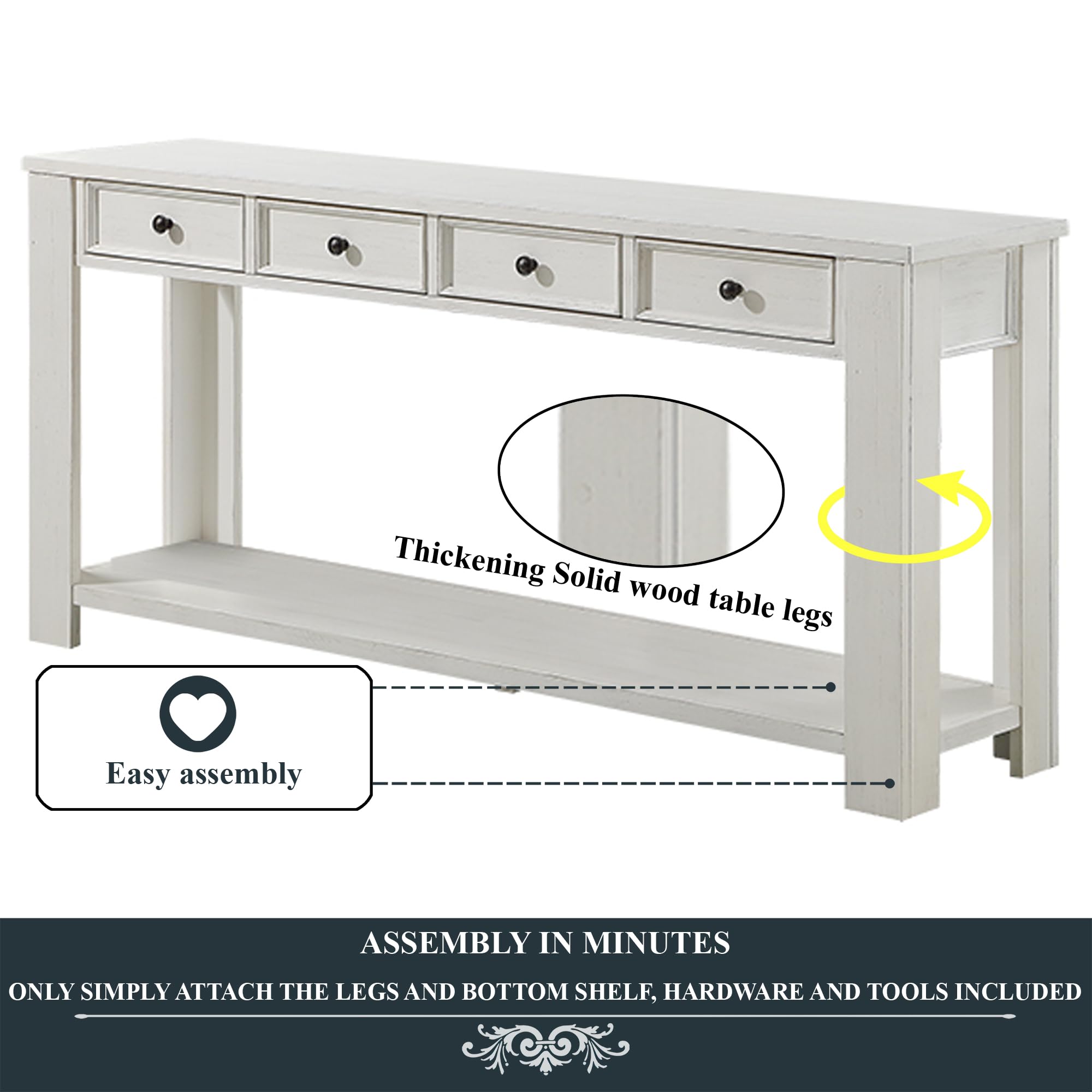 KLIECH 63" Pine Wood Console, Sofa 4 Drawers and 1 Bottom Shelf,Narrow Long Table for Living Room Entryway Hallway Bedroom,Antique White