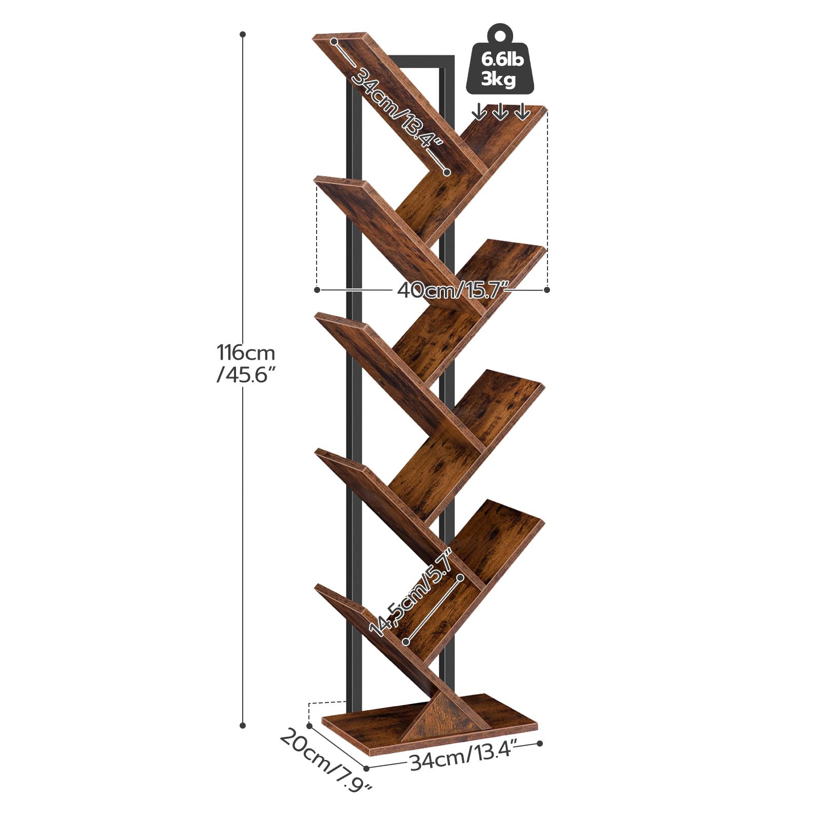LESHP Tree 8 Shelf Retro Floor Standing Bookcase, Wood Storage Rack for CDs/Movies/Books, Utility Organizer for Bedroom, Living Room, Home Office, Rustic Brown