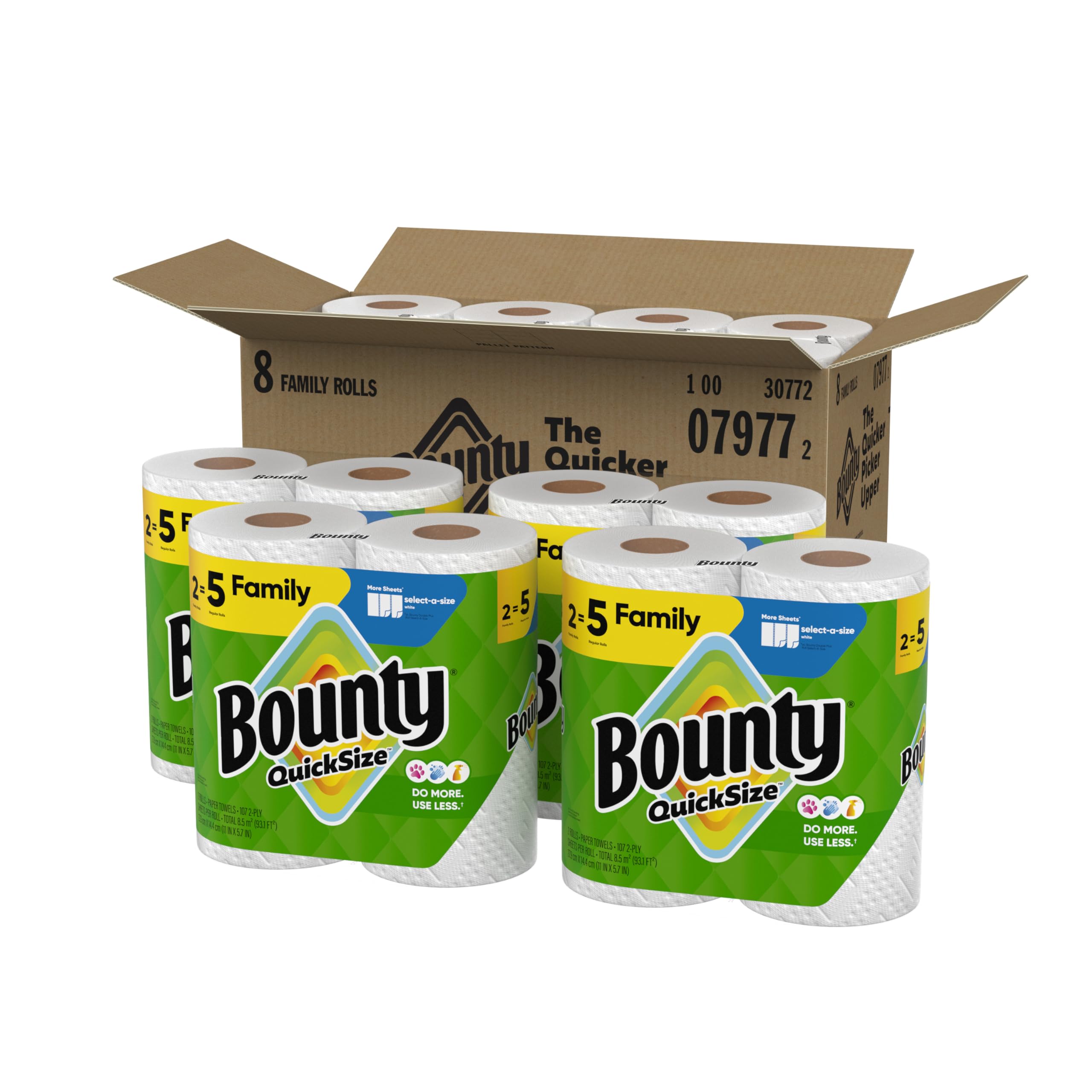 Bounty Quick Size Paper Towels, White, 8 Family Rolls = 20 Regular Rolls (Packaging May Vary)