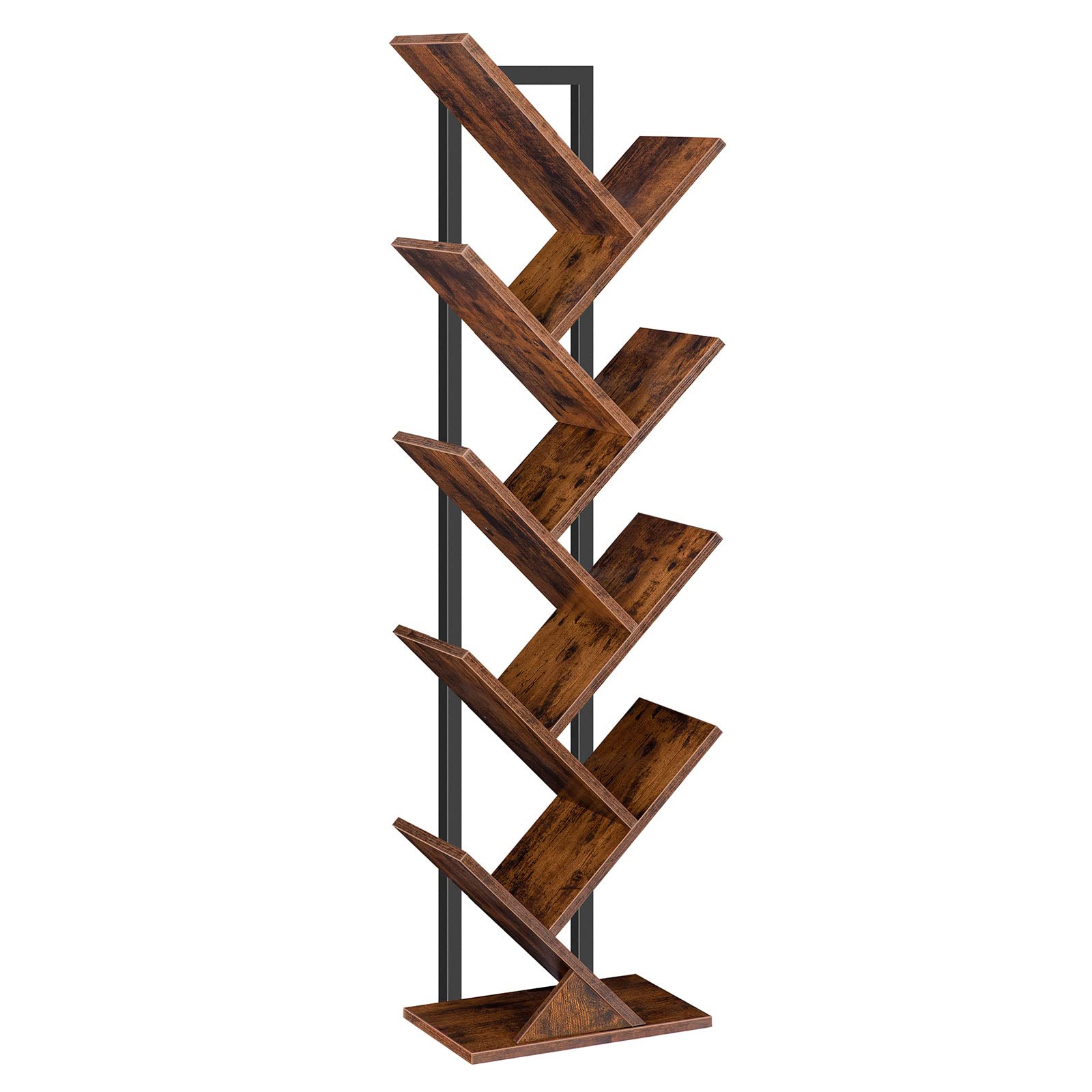 LESHP Tree 8 Shelf Retro Floor Standing Bookcase, Wood Storage Rack for CDs/Movies/Books, Utility Organizer for Bedroom, Living Room, Home Office, Rustic Brown