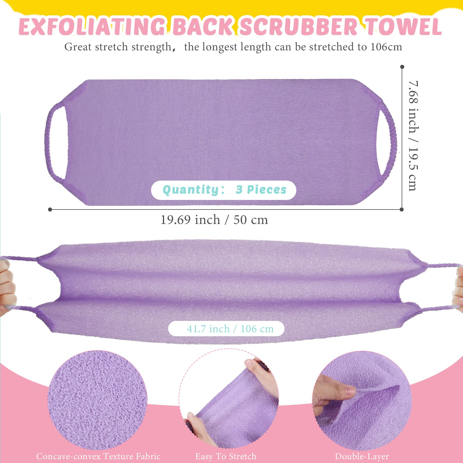 4 Pack Exfoliating Shower Bath Gloves Back Scrubber Set, 2 Exfoliating Body Scrubber Nylon Back Washer, 2 Pairs Scrub Gloves for Women Men Children Skin, Stretchable Pull Strap Washcloth, Pink, Purple