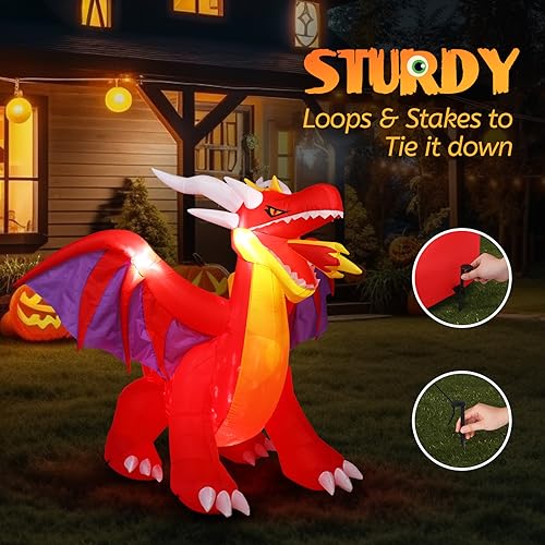 6 FT Halloween Inflatable Fire Dragon, Blow-up Red Dragon with Wings, Holiday Yard Decoration with LED Flash Light,Ground Stakes, for Lawn Yard Garden