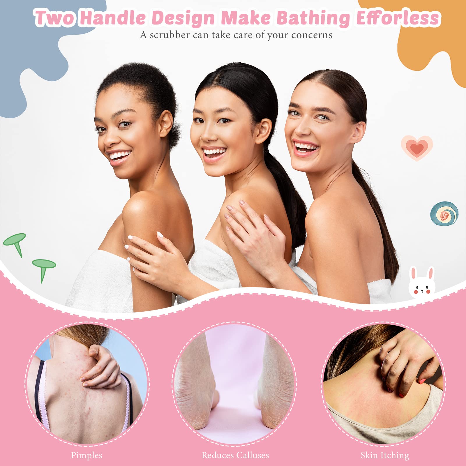 4 Pack Exfoliating Shower Bath Gloves Back Scrubber Set, 2 Exfoliating Body Scrubber Nylon Back Washer, 2 Pairs Scrub Gloves for Women Men Children Skin, Stretchable Pull Strap Washcloth, Pink, Purple