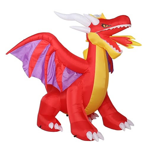 6 FT Halloween Inflatable Fire Dragon, Blow-up Red Dragon with Wings, Holiday Yard Decoration with LED Flash Light,Ground Stakes, for Lawn Yard Garden