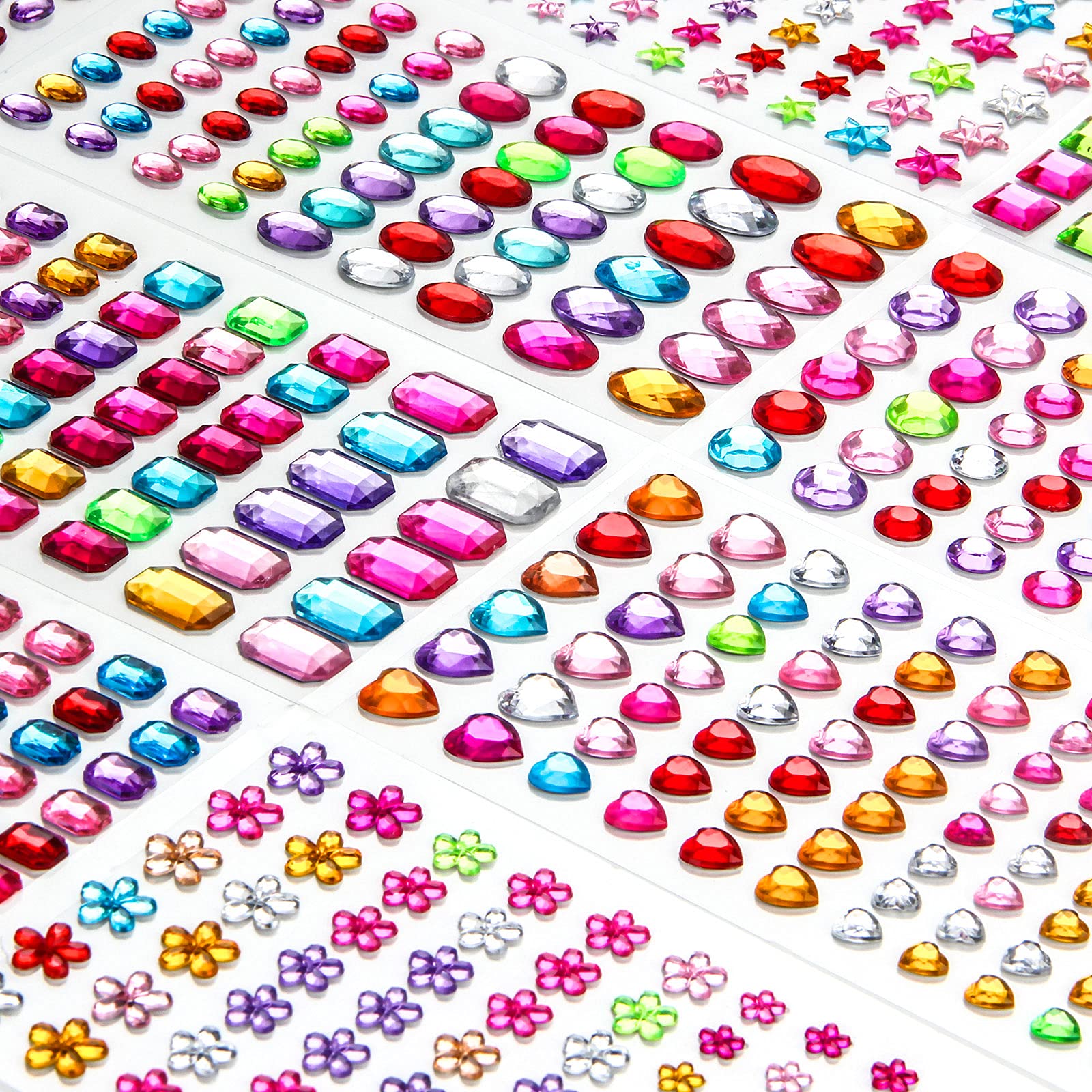 1246 PCS Self Adhesive Gems Stickers, Jewels Stickers with Multiple Colors and Assorted Shapes for Crafts, 14 Sheets Multiple Sizes Bling Rhinestone Stickers for Card Making Decorations