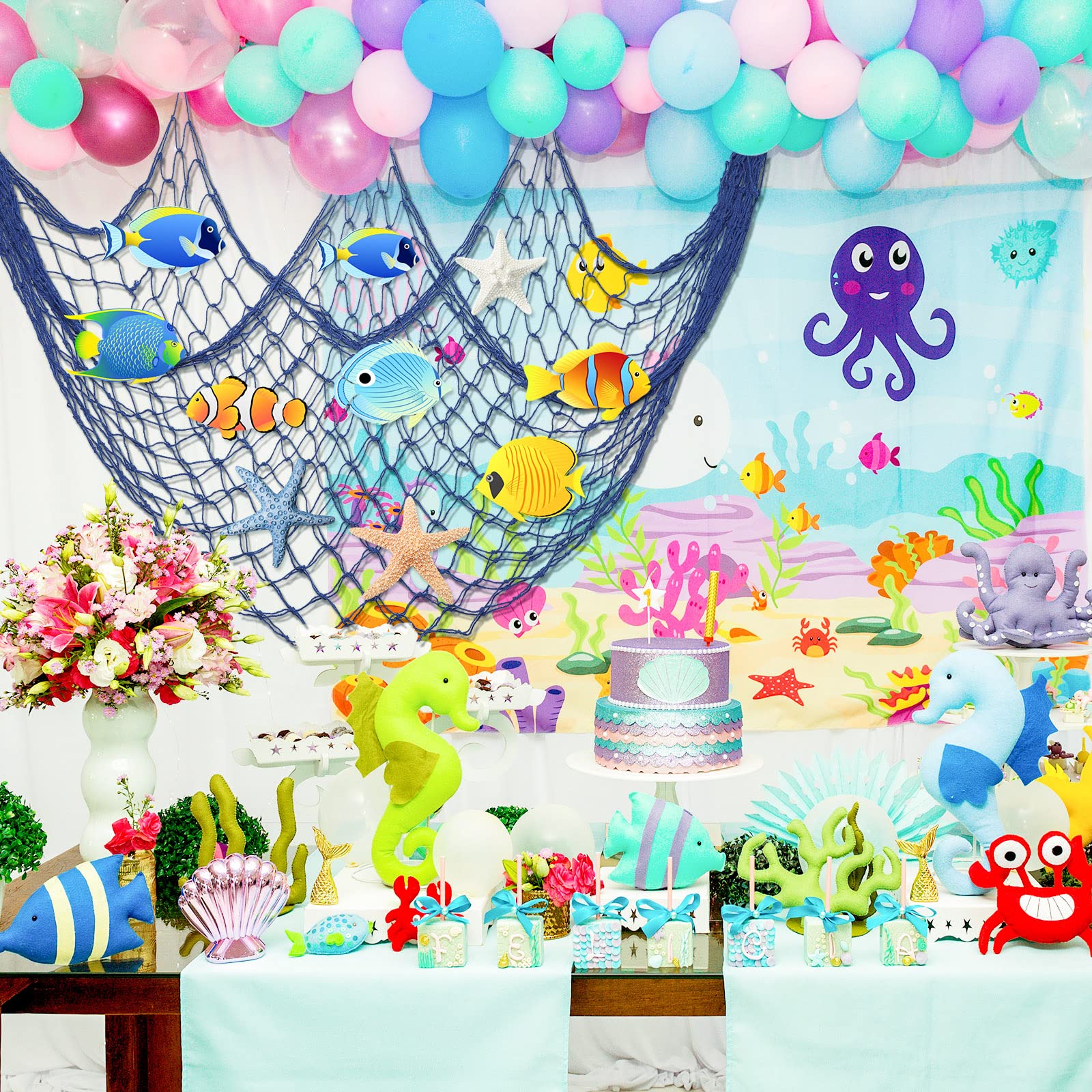 6 Pack Natural Fish Net Decorative Cotton Fishnet Decor for Pirate Party, Mermaid Party, Nautical Party, Hawaii Luau Party, Ocean Themed Wall Hanging Fishnet Beach Bash Decoration Supplies (Blue)