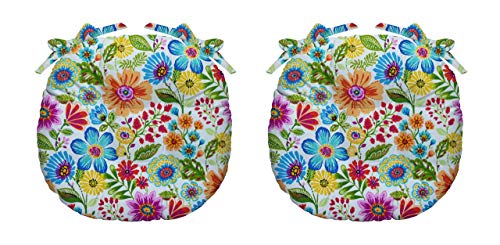 RSH DƩcor Indoor Outdoor Patio Furniture Set of 2 Tufted Bistro Round Chair Seat Cushion Pads with Ties ~ Available in 4 Sizes & Various Fabrics - 18" Gregoire Fresco Blue red Yellow Pink Floral