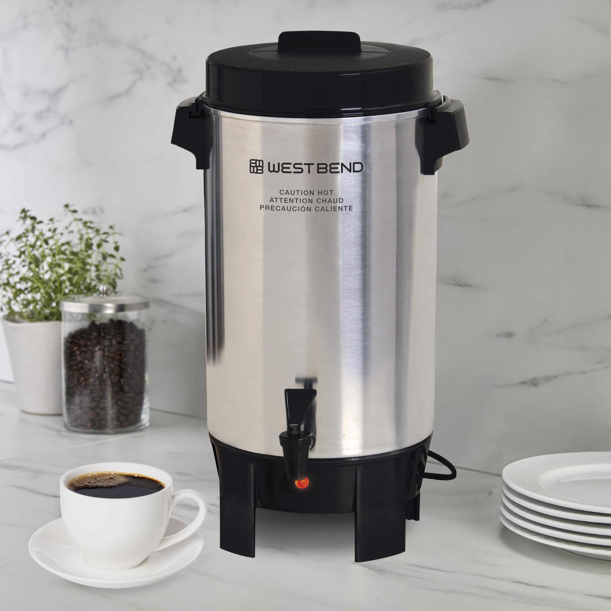 West Bend 58002 Highly Polished Aluminum Commercial Coffee Urn Features Automatic Temperature Control Large Capacity with Quick Brewing Easy Prep and Clean Up, 42-Cup, Silver