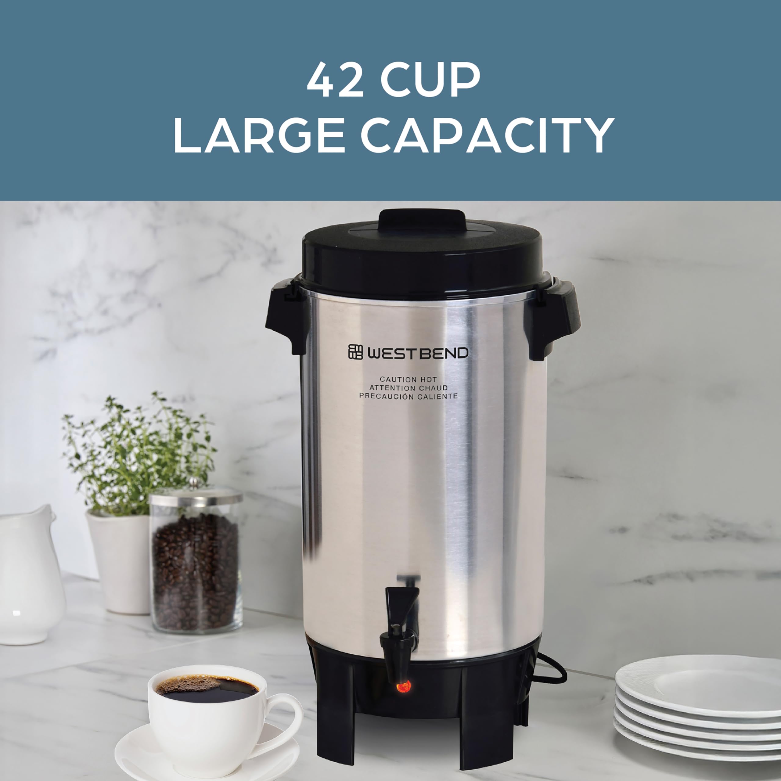 West Bend 58002 Highly Polished Aluminum Commercial Coffee Urn Features Automatic Temperature Control Large Capacity with Quick Brewing Easy Prep and Clean Up, 42-Cup, Silver