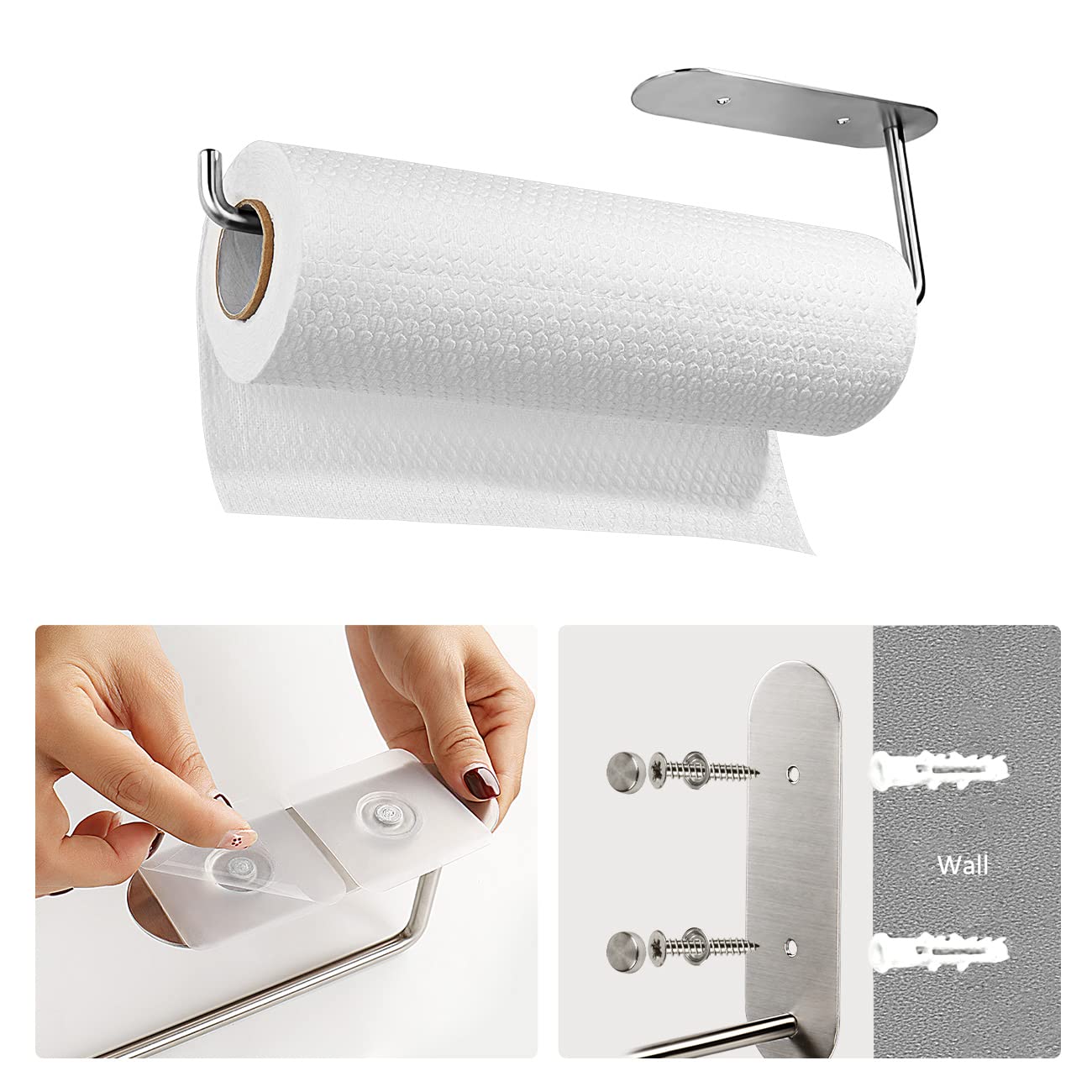 Luxbon Paper Towel Holder -Self Adhesive or Drilling ,Black Paper Towel Holder Under Cabinet for Kitchen, Bathroom,SUS304 Stainless Steel(Black+2pcs Adhesive Hooks)