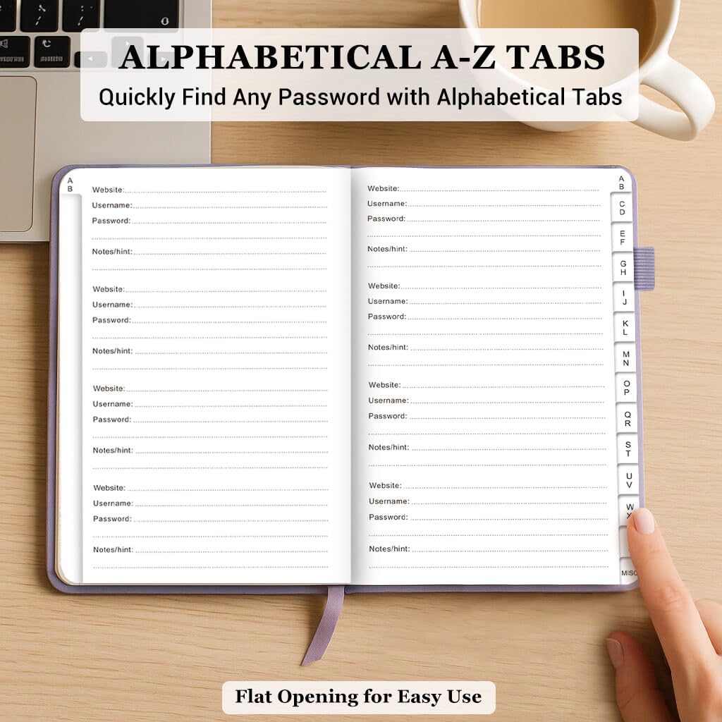 Password Book with Alphabetical Tabs β Hardcover Internet Address & Password Organizer β Password Keeper Notebook for Computer & Website β 5.2 x 7.6" Log-in Password Journal w/ Thick Paper (Lavender)