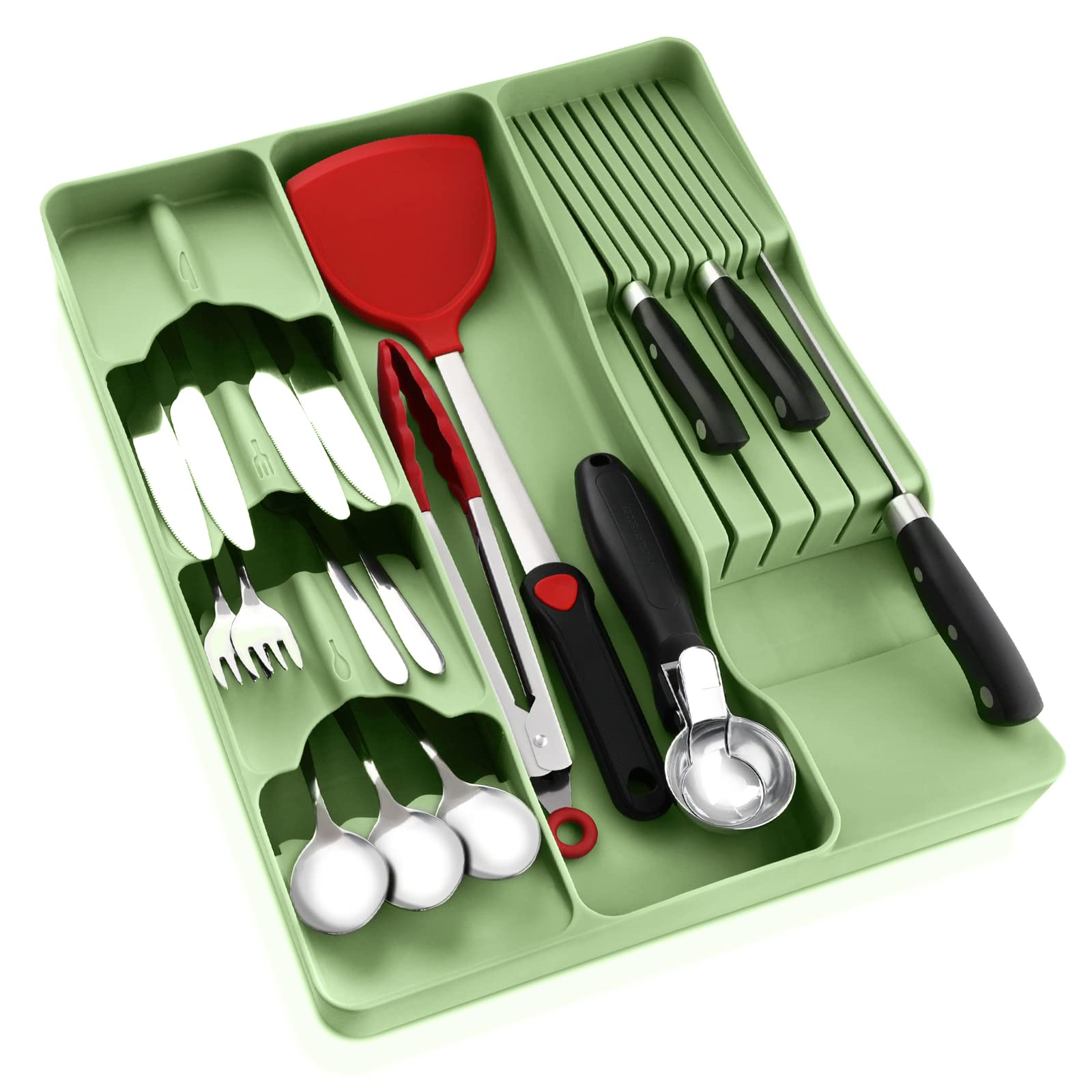 LDOIGBT Kitchen Drawer Organizer, 3 in 1 Cutlery Organizer for Cutlery Spoon Knives &Fork Storage, Silverware Organizer Storage Tray, Utensil Organizer for Kitchen Drawers(Green)