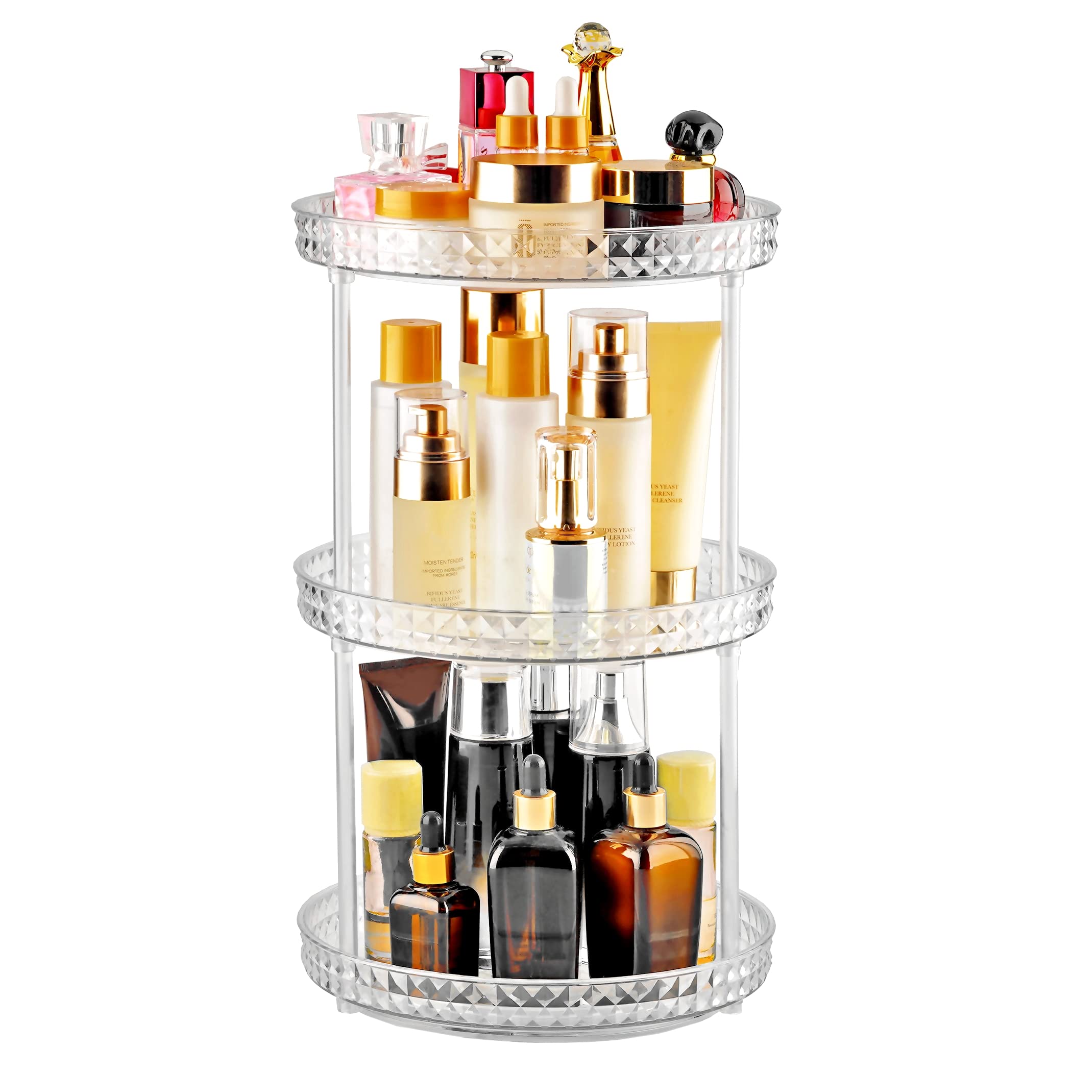 BYFU 3 Tier Rotating Lazy Susan Makeup Organizer, Turntable Clear Diamond Cosmetic Display Storage Tray, Plastic Bathroom Holder Rack for Kitchen, Table, Cabinet, Countertop, Pantry (Clear Diamond)