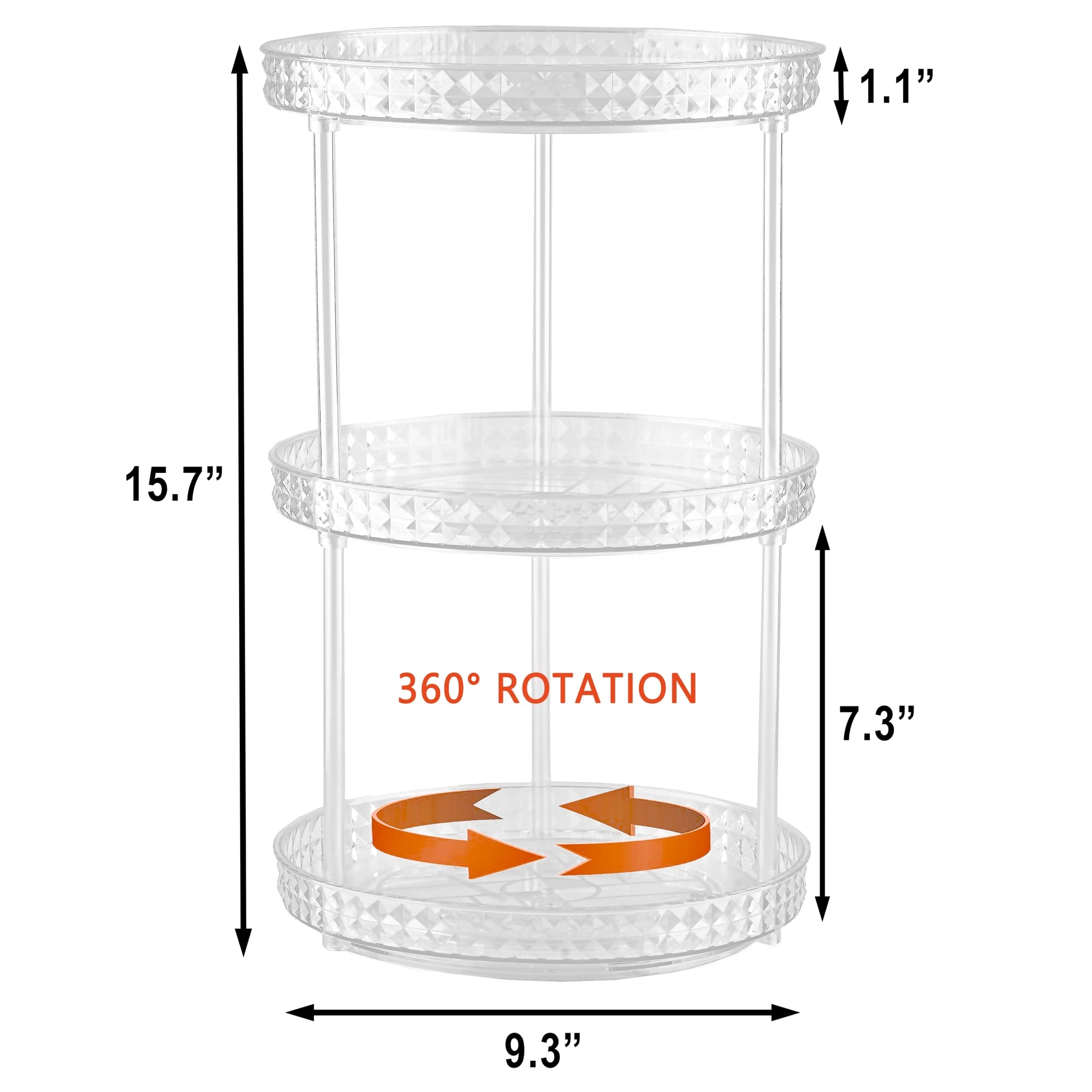 BYFU 3 Tier Rotating Lazy Susan Makeup Organizer, Turntable Clear Diamond Cosmetic Display Storage Tray, Plastic Bathroom Holder Rack for Kitchen, Table, Cabinet, Countertop, Pantry (Clear Diamond)