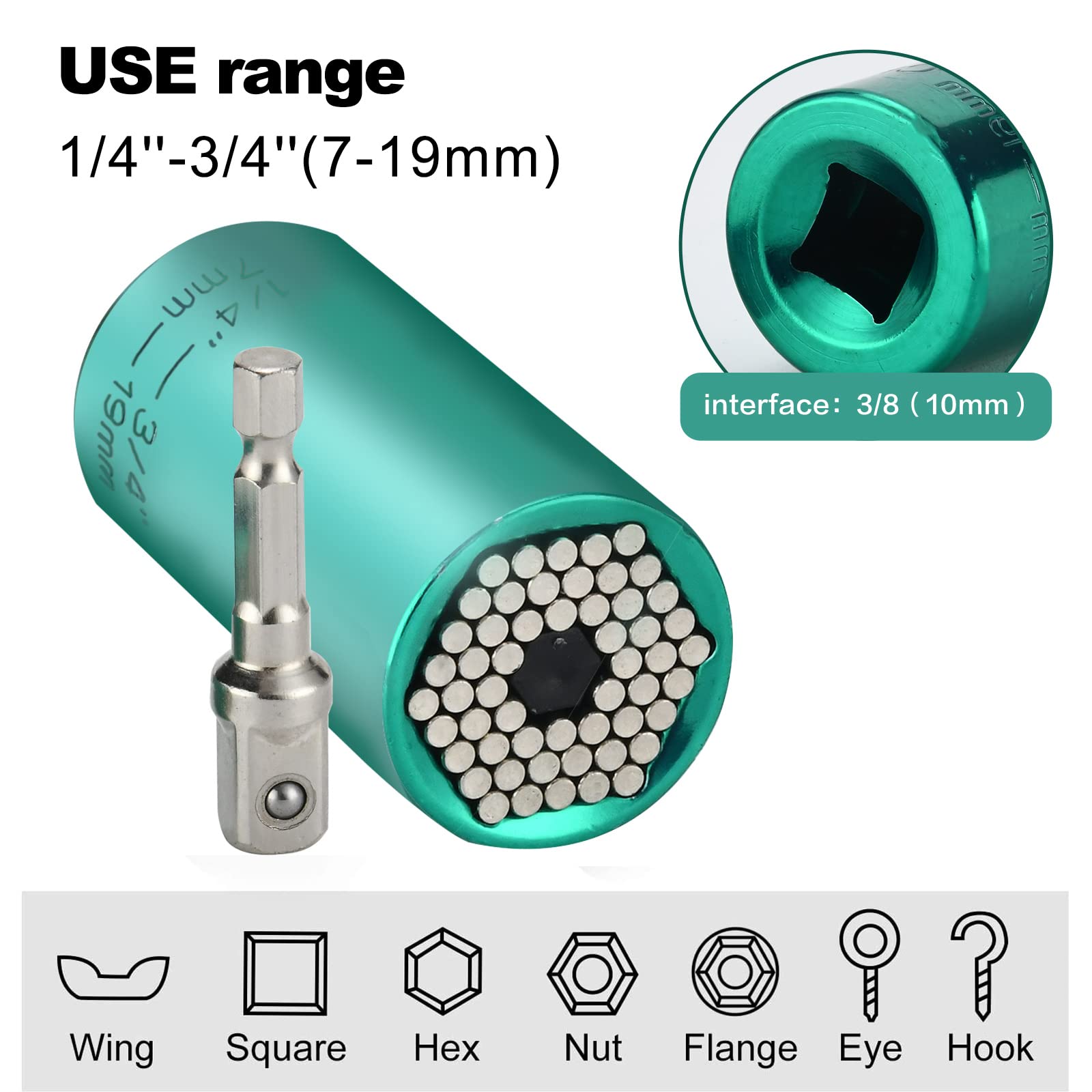 HUAZHICHUN Universal Socket,Adapter Socket for Wrench Ratchet & Power Drill,Portable Hand Gadget Gifts for Men and Women,Self-Adjusting Multifunctional Sockets,Green Shell (7-19mm)