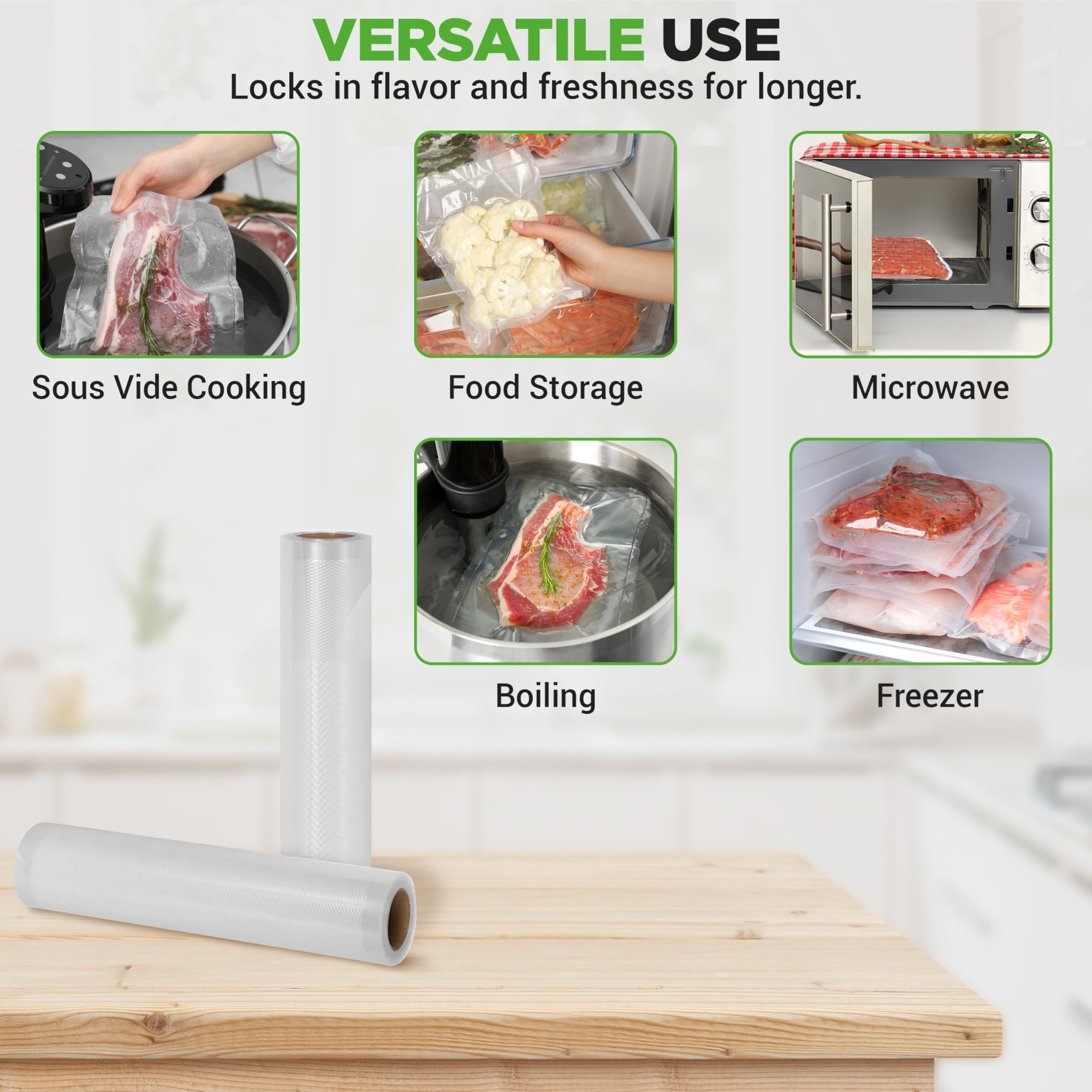NutriChef Two 8" X10' 4 mil Commercial Grade Vacuum Sealer Food Storage Rolls | Create Your Own Size Bag, Brands, Clear