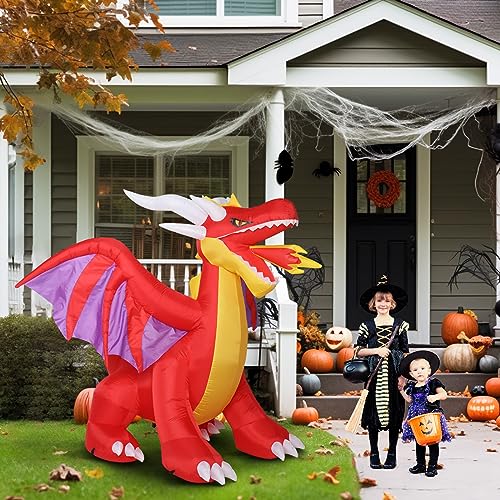 6 FT Halloween Inflatable Fire Dragon, Blow-up Red Dragon with Wings, Holiday Yard Decoration with LED Flash Light,Ground Stakes, for Lawn Yard Garden