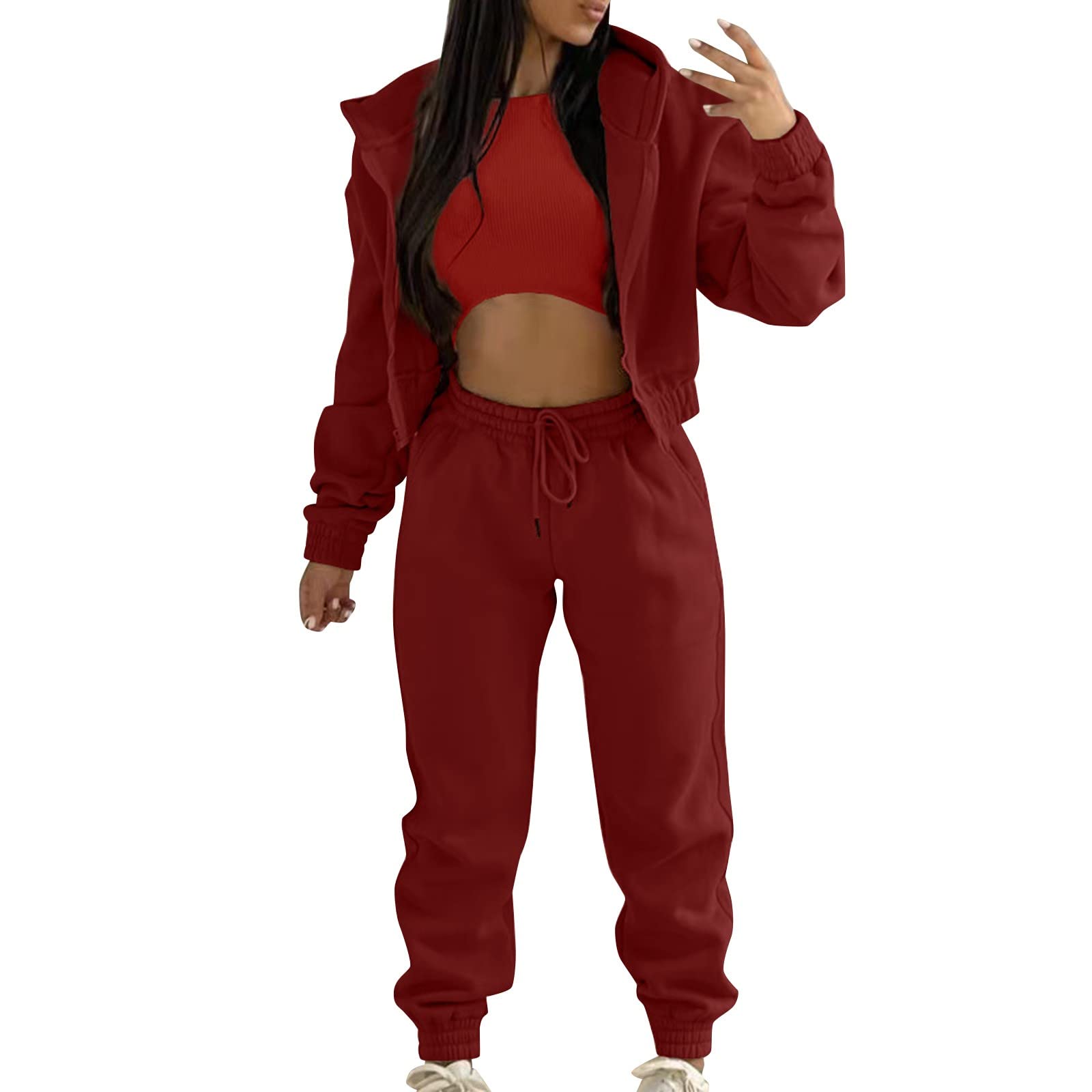 Aitaliwer 3 Piece Sweatsuits For Women Plus Size, Sweat Shirt And Pants Sports Suit Tracksuit Lounge Sets Cropped Hoodie Sweatshirt and Sweatpants 01-Red,Medium
