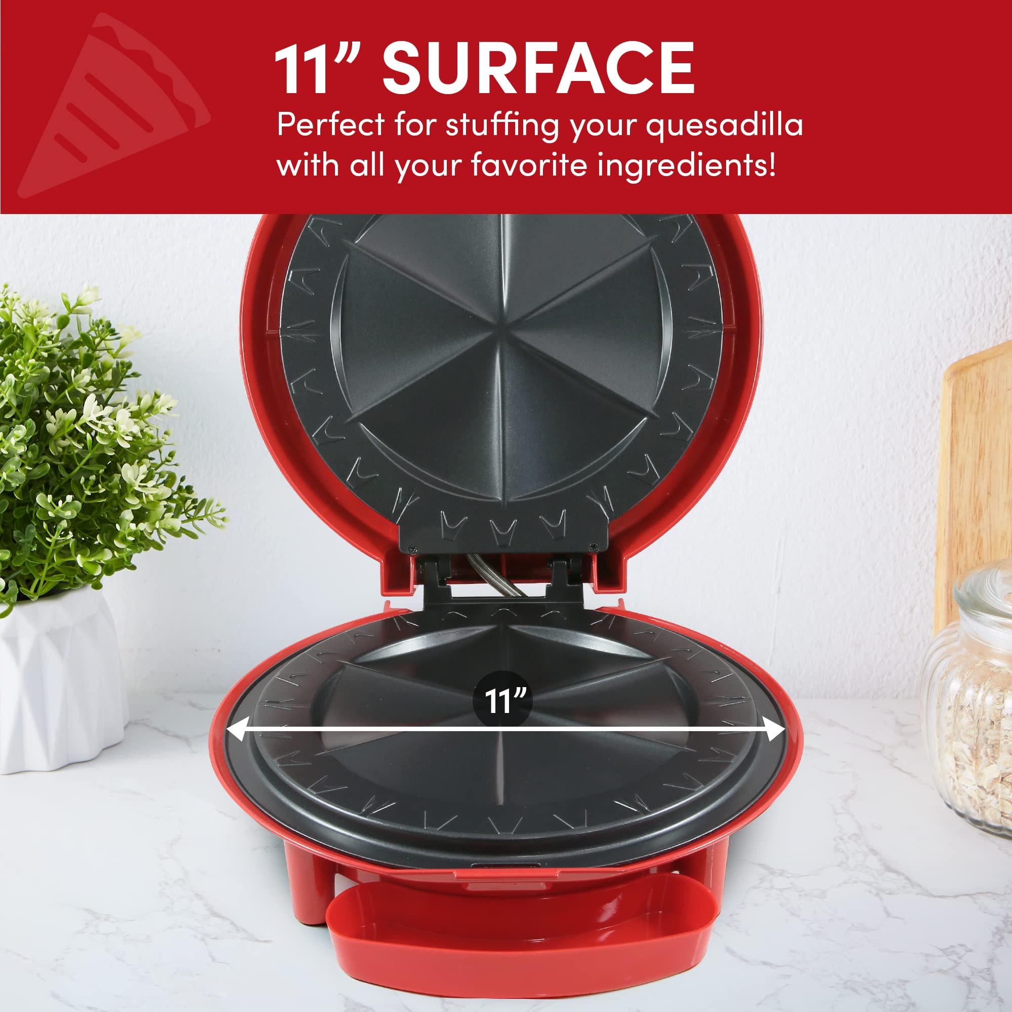Elite Gourmet EQD-118# Non-Stick Electric, Mexican Taco Tuesday Quesadilla Maker, Easy-Slice 6-Wedge, Grilled Cheese (Red)