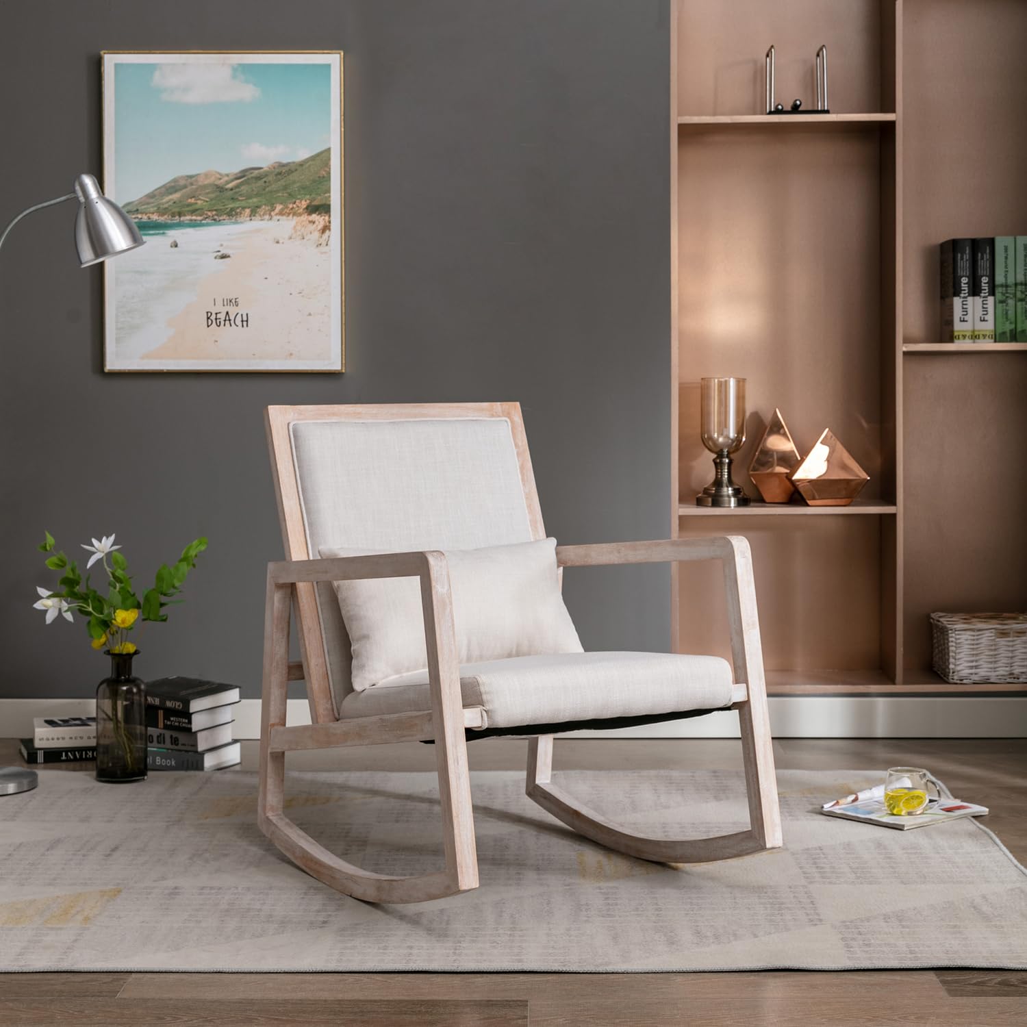 Ufyerutg Modern Accent Rocking Chair, Solid Wood Linen Fabric Antique White Wash Painting Rocking Chair with Removable Lumbar Pillow, Living Room Leisure Chair Arm Chair, Easy Assembly, Beige