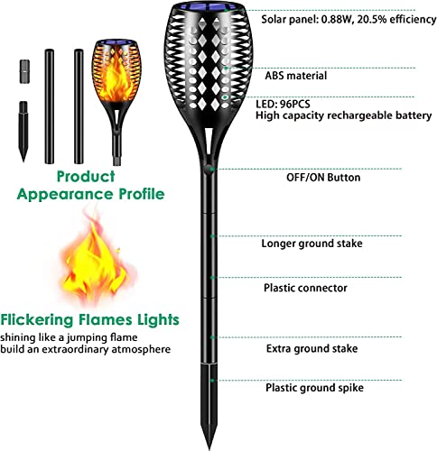 TomCare Solar Lights Upgraded, 43" Waterproof Flickering Flames 96 LED Torches Lights Outdoor Solar Landscape Decoration Lighting Auto On/Off Pathway Lights for Garden Patio Yard Christmas, Black(4)