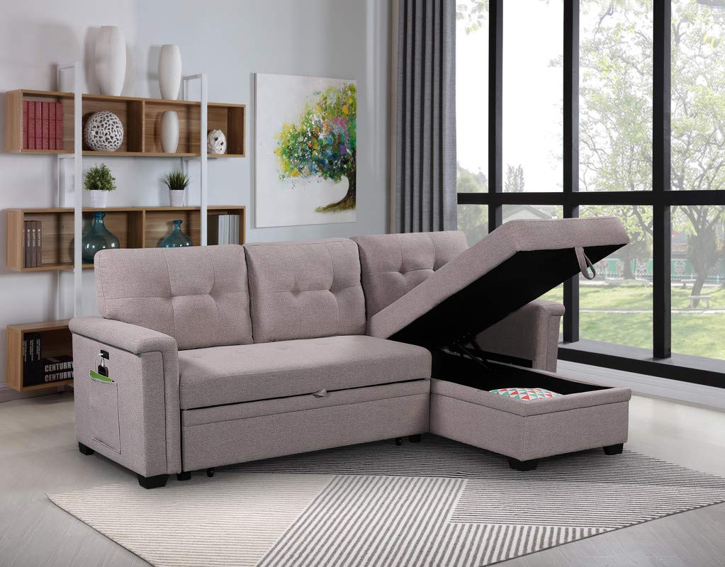 OMGO 84'' L-Shape Convertible Sleeper Sectional Sofa with Storage Chaise and Pull-Out Bed, Button Tufted Backrest, Linen Upholstered Reversible Corner 3 Person Couch, for Living Room, Apartment