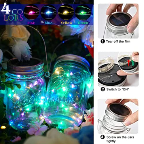 SunKite Solar Mason Jar Lights, 8 Pack 15 LED Waterproof Fairy Firefly Jar Lids String Lights with Hangers(NO Jars), Patio Yard Garden Wedding Easter Decoration - Multicolor